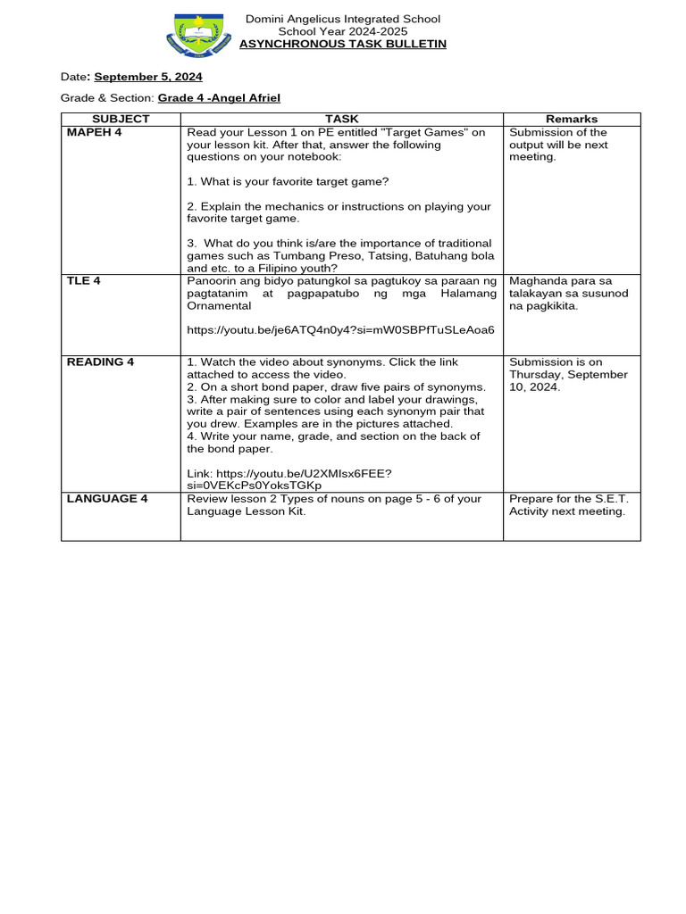 G4-Angel Afriel ASYNCHRONOUS-TASK - September 5 2024 | PDF | Games & Activities | Language Arts ...