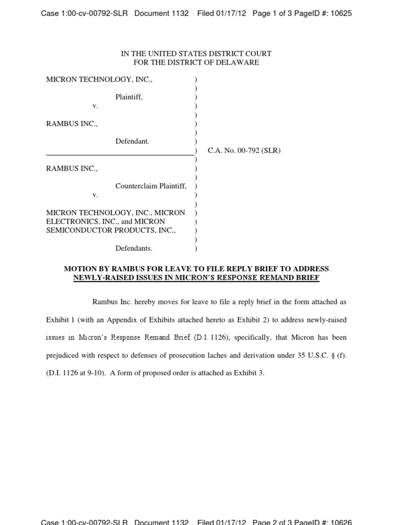 Motion by Rambus For Leave To File Reply Brief To Address Newly-Raised ...