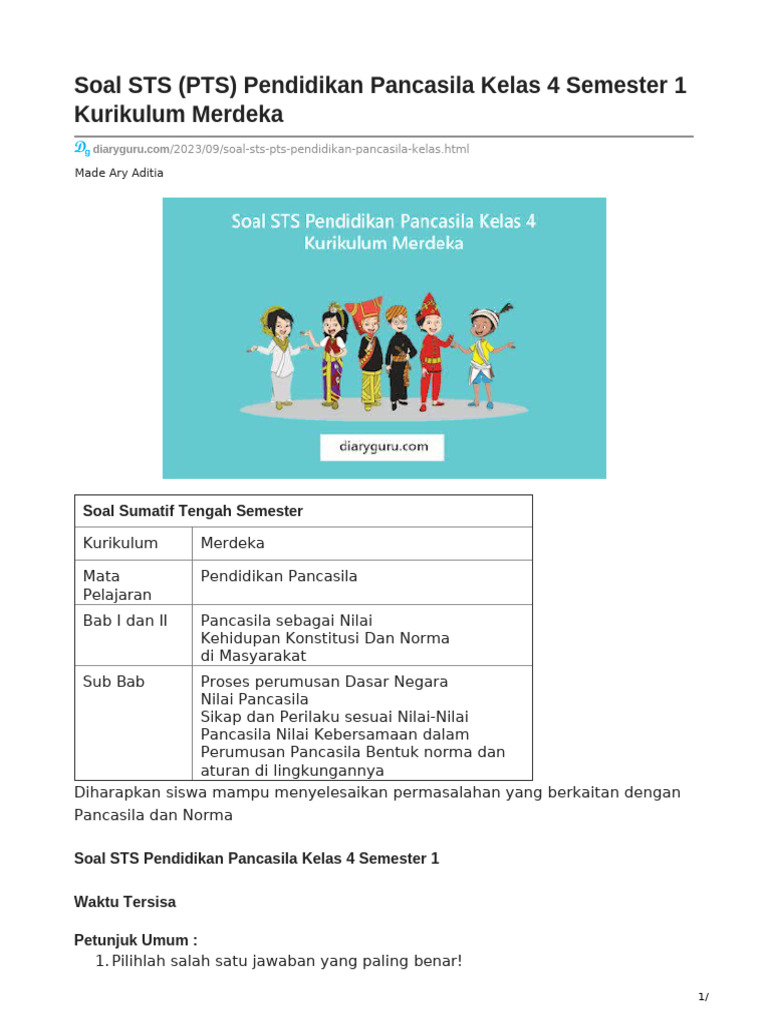 Soal STS PTS Pendidikan Pancasila Kelas 4 Semester 1 Kurikulum Merdeka | PDF | Ilmu Sosial