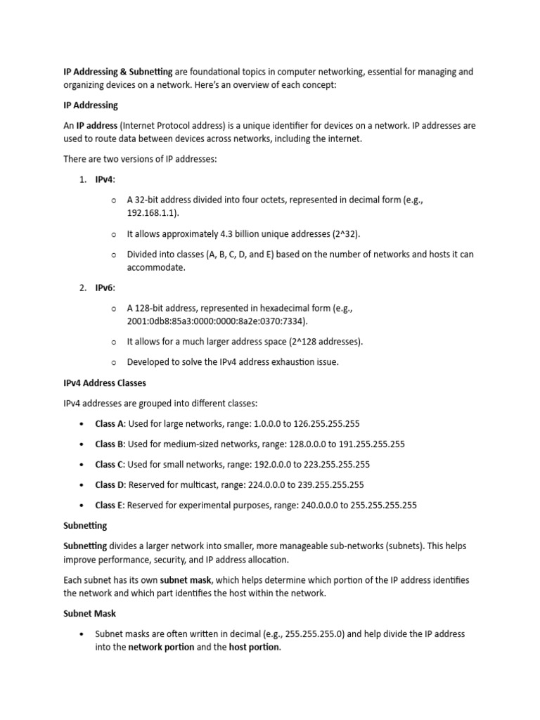Ip Addressing And Subnetting Pdf Ip Address Computer Network