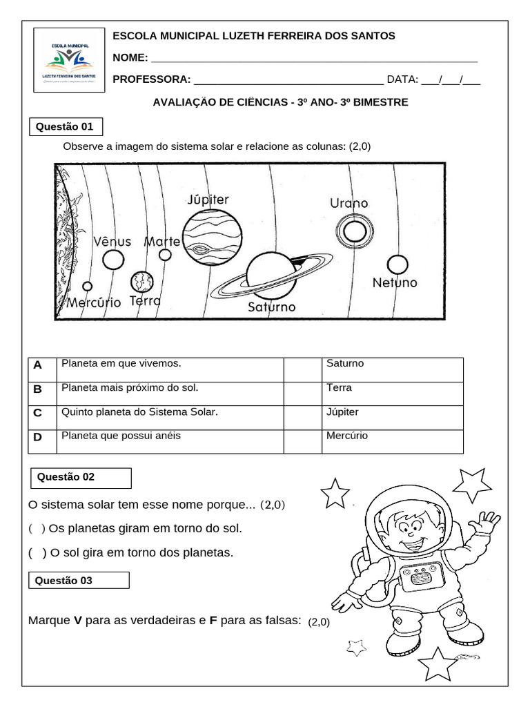 AVALIAÇÃO DE CIÊNCIAS - SISTEMA SOLAR Com Nota | PDF
