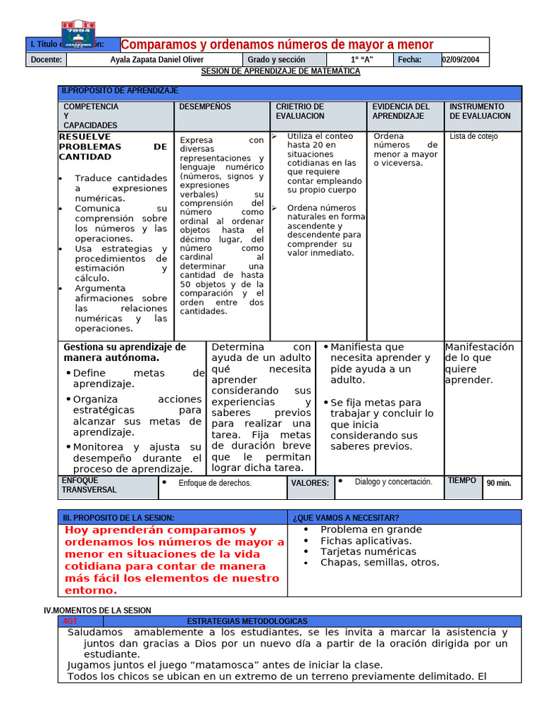 Comparamos y Ordenamos Números de Mayor A Menor | PDF | Aprendizaje | Evaluación