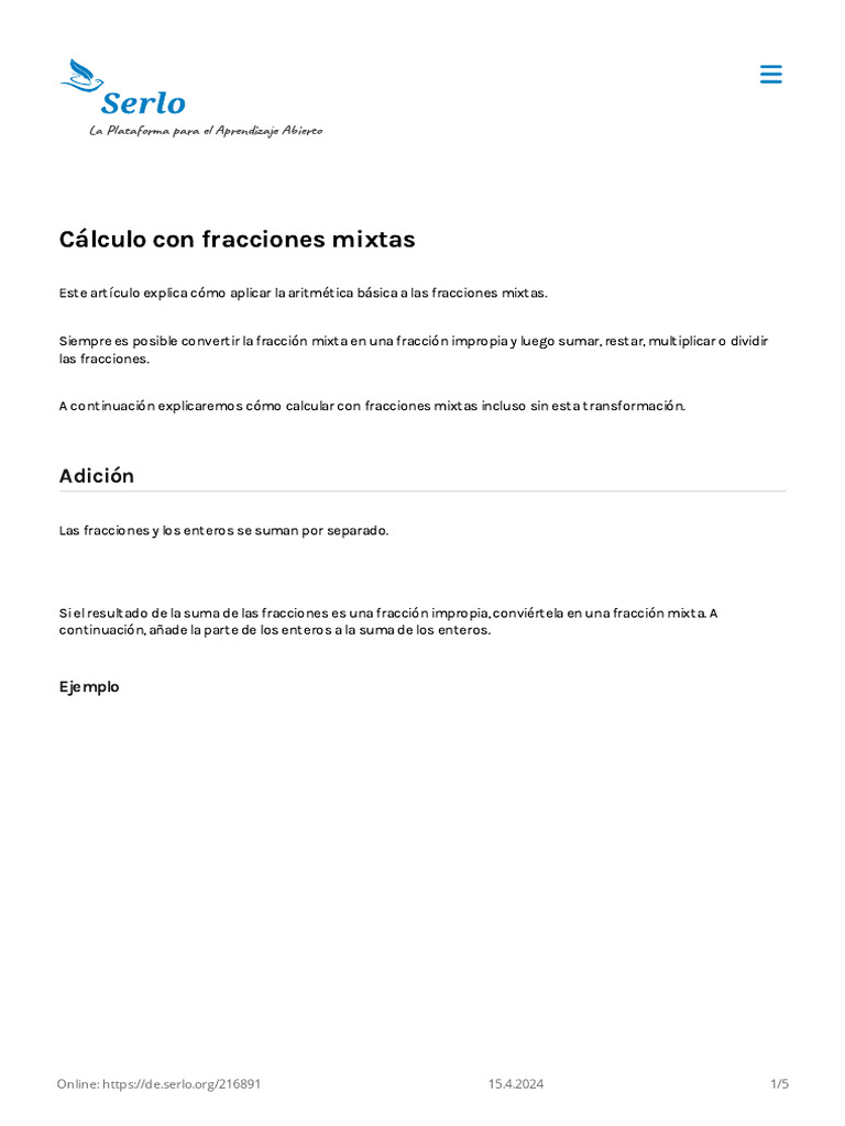 Serlo Cálculo Con Fracciones Mixtas | PDF | División (Matemáticas ...
