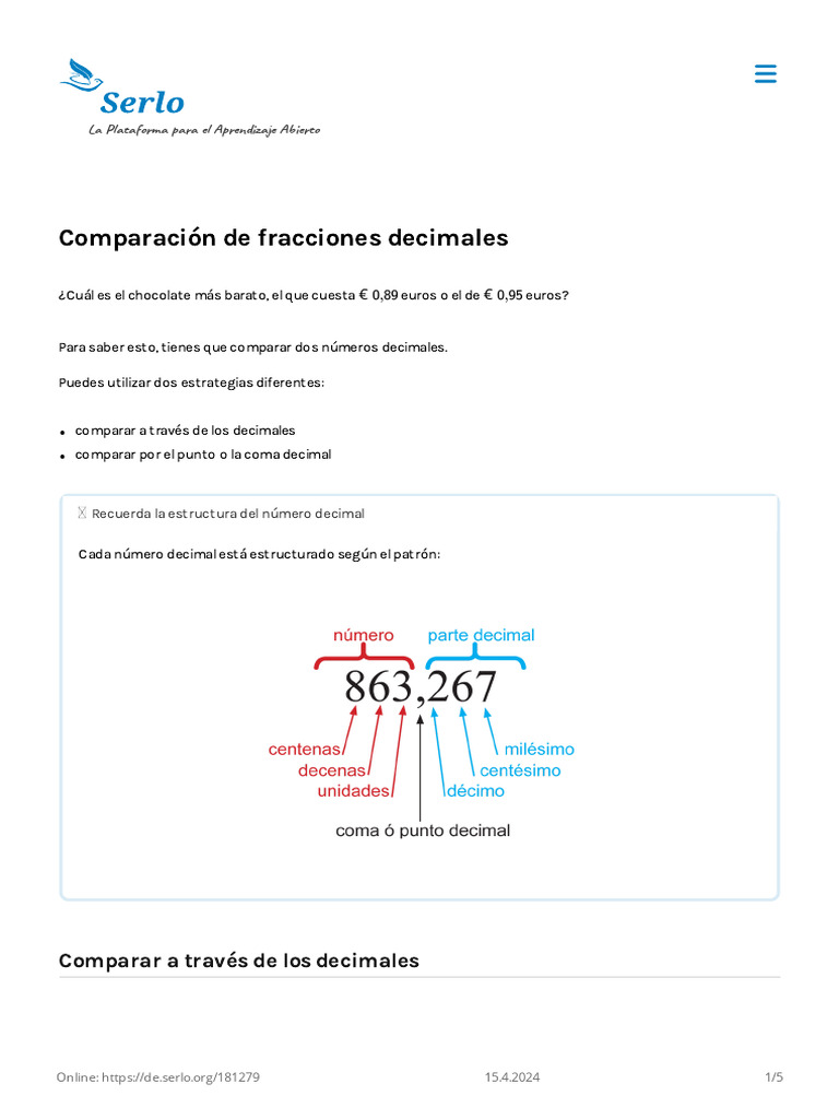 Serlo Comparación de Fracciones Decimales | PDF | Decimal | Matemática ...