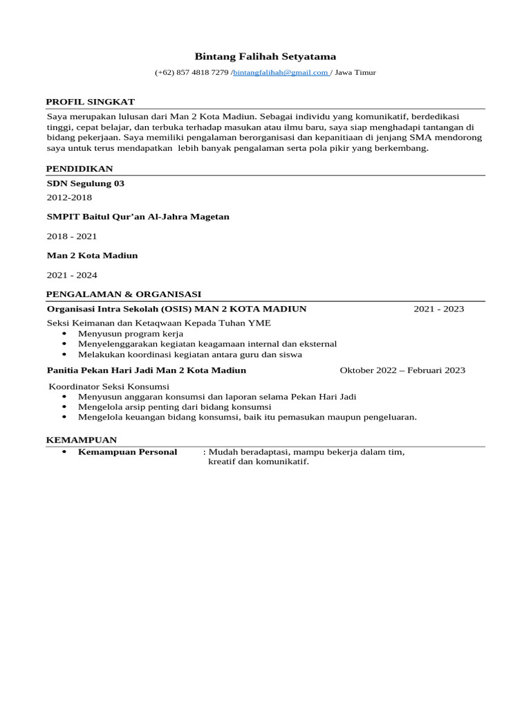 CV Bintang Falihah Setyatama | PDF | Karier & Perkembangan