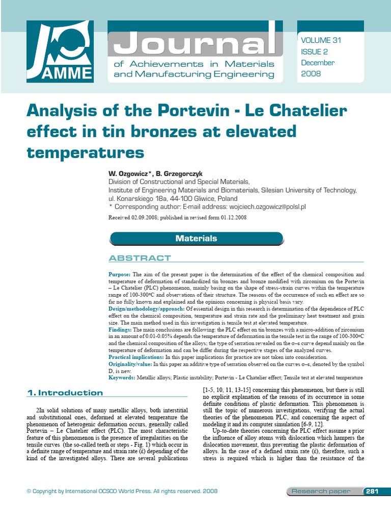 Analysis of The Portevin - Le Chatelier Effect in Tin Bronzes at Elevated Temperatures | PDF ...