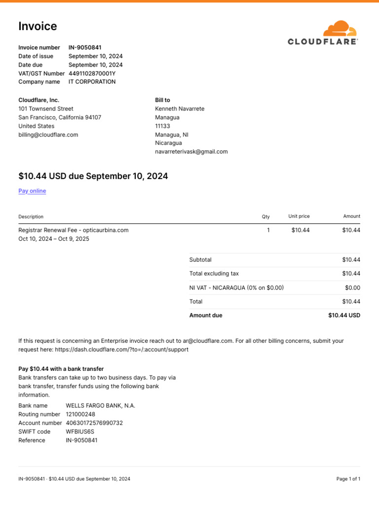 Invoice: $10.44 USD Due September 10, 2024 | PDF | Finance & Money ...
