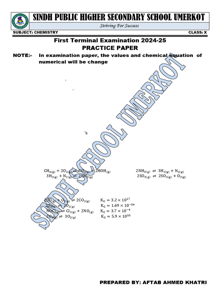 First Terminal Paper X- PRACTICE | PDF | Chemical Equilibrium | Acid