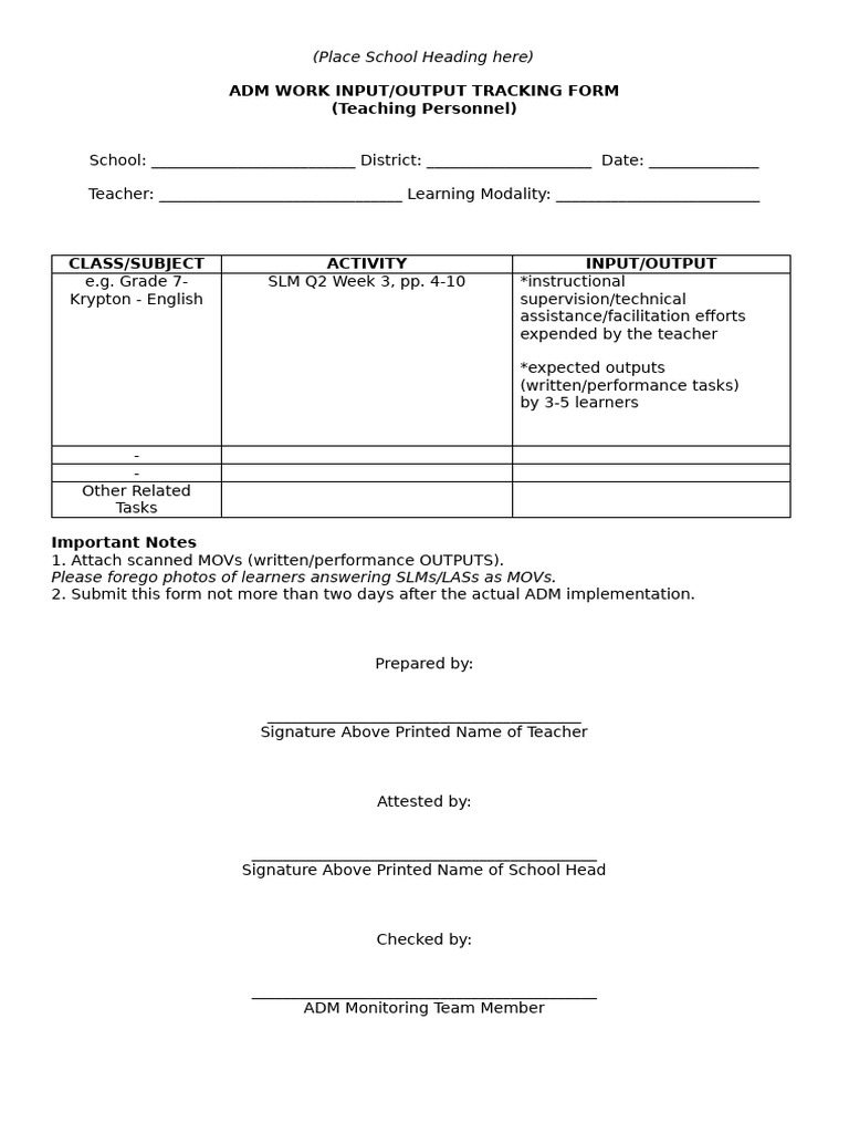 ADM Work InputOutput Tracking Form | PDF | Career & Growth