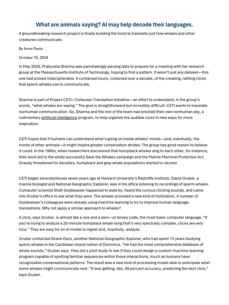 What Are Animals Saying AI May Help Decode Their Languages | PDF ...