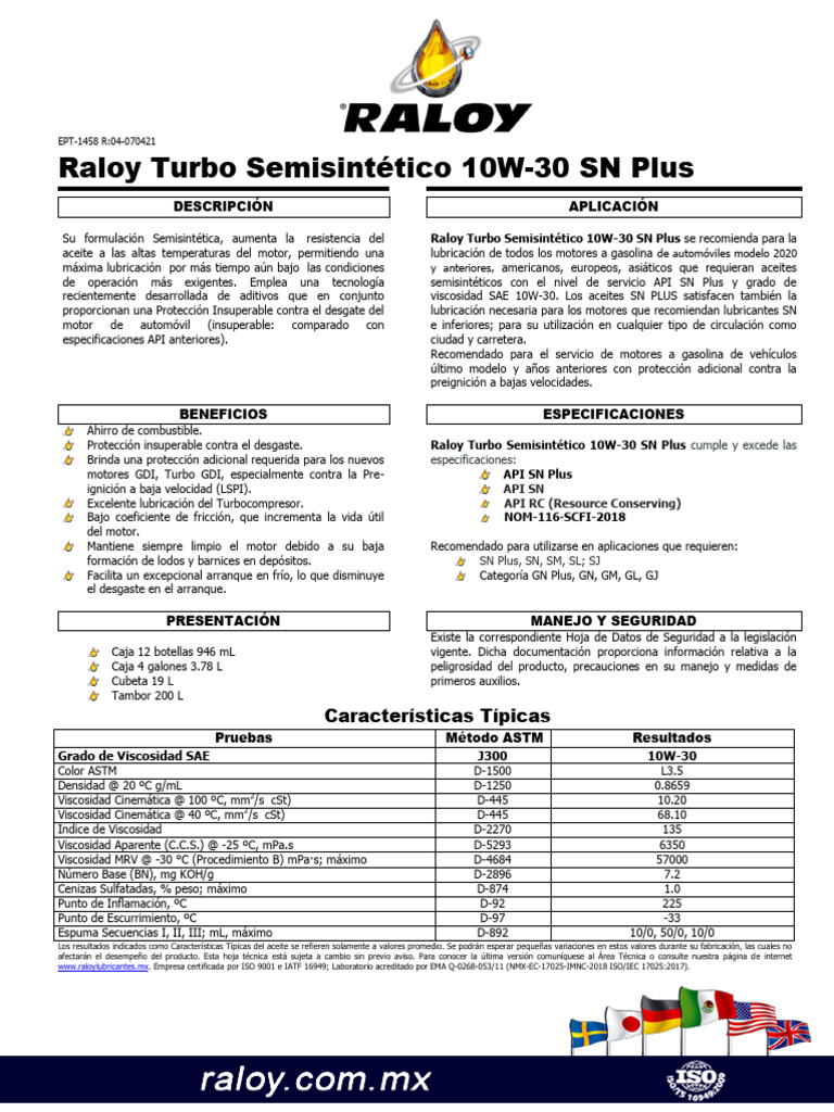 Raloy Turbo Semisintetico SAE 10W 30 API SN Plus | PDF | Lubricante | Turbocompresor