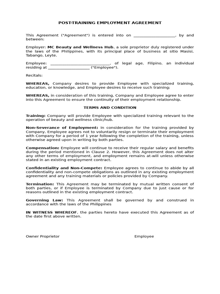 Post-Training Agreement | PDF | Finance & Money Management