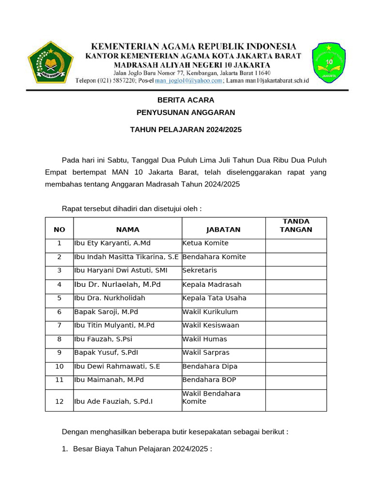 Berita Acara Penyusunan Anggaran 2024 | PDF