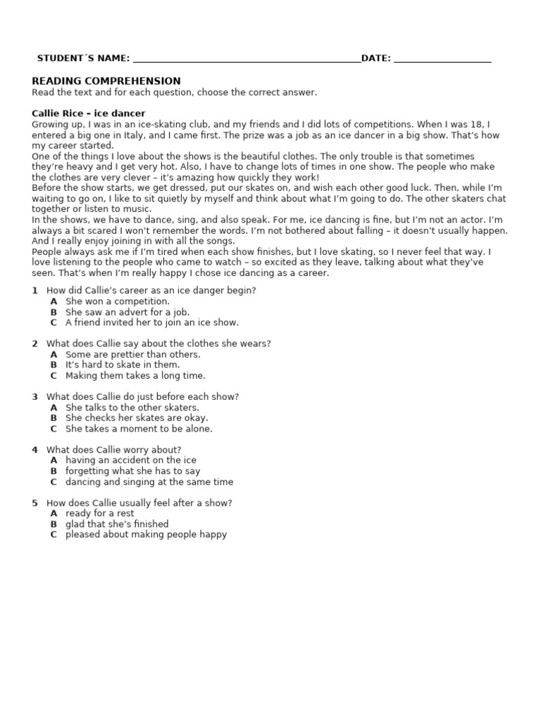 READING COMPREHENSION Callie Rice – ice dancer | PDF
