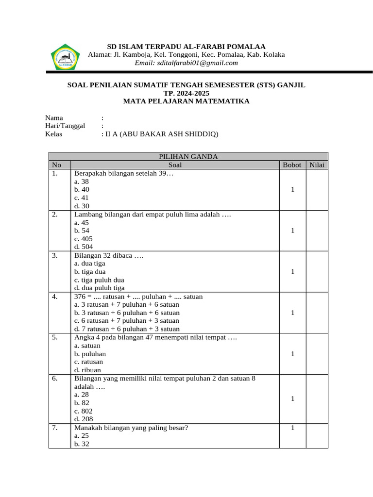 Soal MTK KLS 2 | PDF | Metode & Bahan Ajar