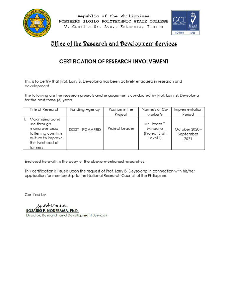 Certification of Research Involvement | PDF