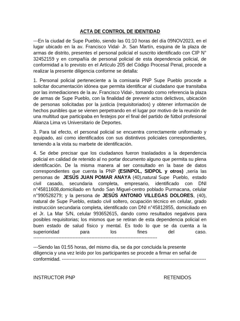 ACTA DE CONTROL DE IDENTIDAD | PDF | Documento de identidad