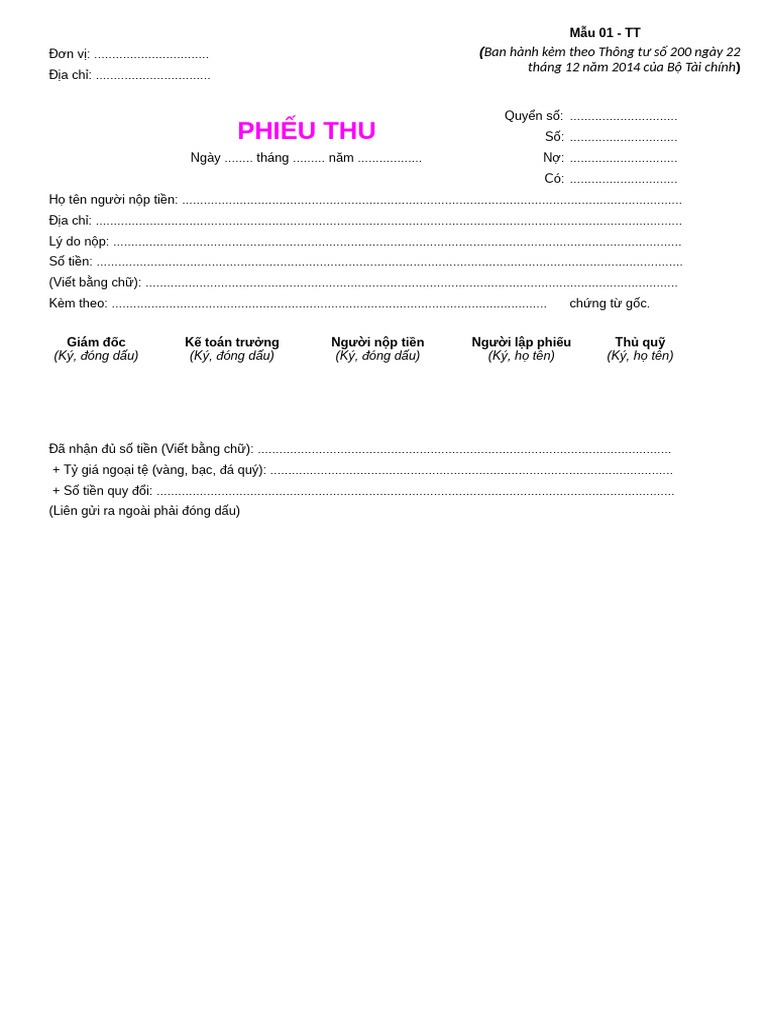 Bieu mau 1_Chung tu_Ke toan Von bang tien | PDF