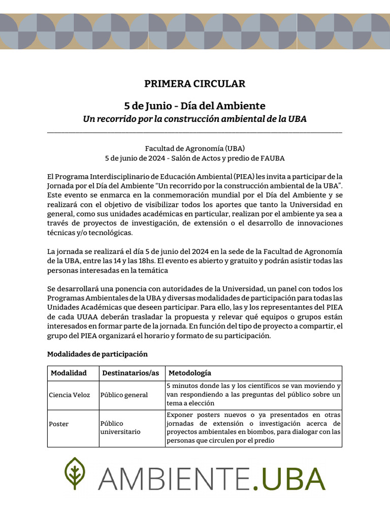 Primera Circular - Día Del Ambiente en La UBA | PDF | Ciencia y matemáticas