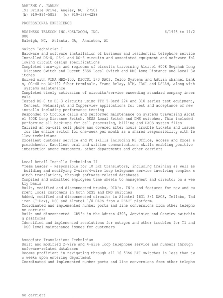 SWITCH TECHNICIAN or 5ESS TRANSLATIONS ENGINEER or OFFICE MANAGE | PDF ...