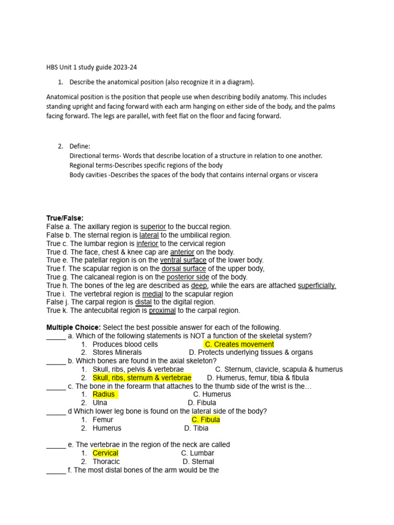 Copy of HBS Unit 1 study guide Fall 2024.docx | PDF | Anatomical Terms ... Copy of HBS Unit 1 study guide Fall 2024.docx | PDF | Anatomical Terms ...