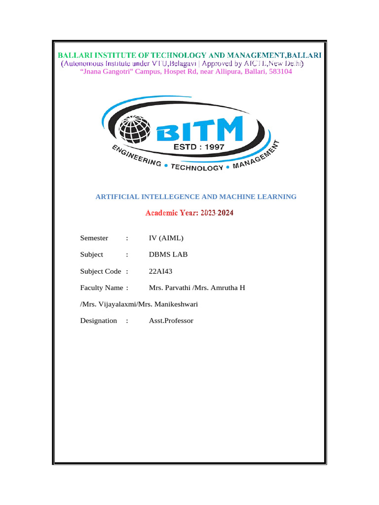 Aiml DBMS Lab Manual All Batches and Sections | PDF | Relational Database | Sql