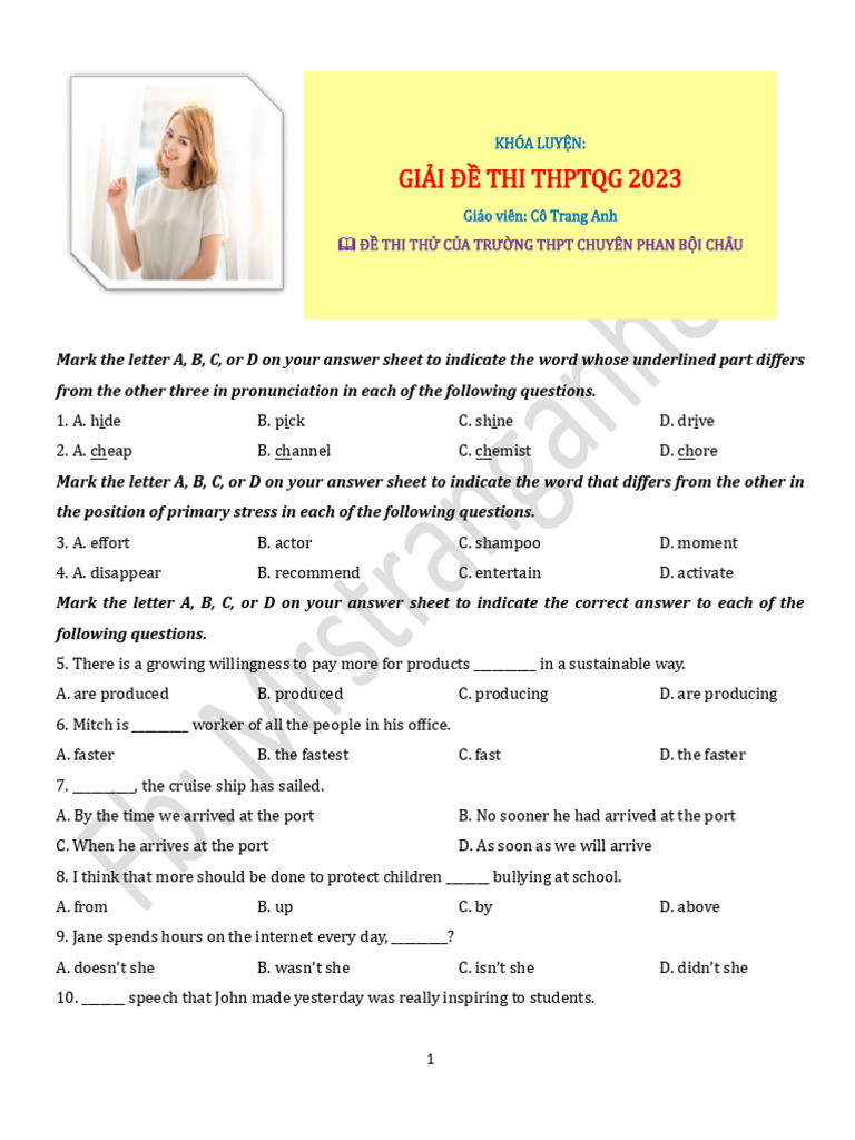 (GD2023) de Thi Thu TN THPT Nam 2023 Mon Tieng Anh Truong THPT Chuyen Phan Boi Chau Tinh Nghe An ...