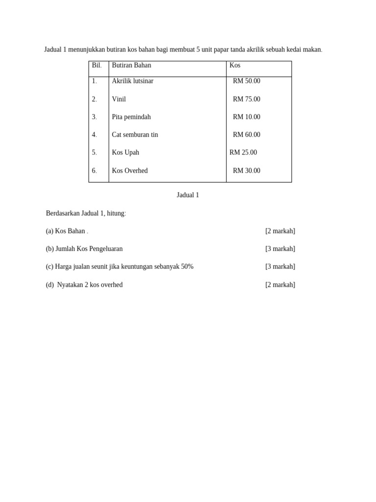 Soalan Kos Pengiraan PRT 2022 | PDF