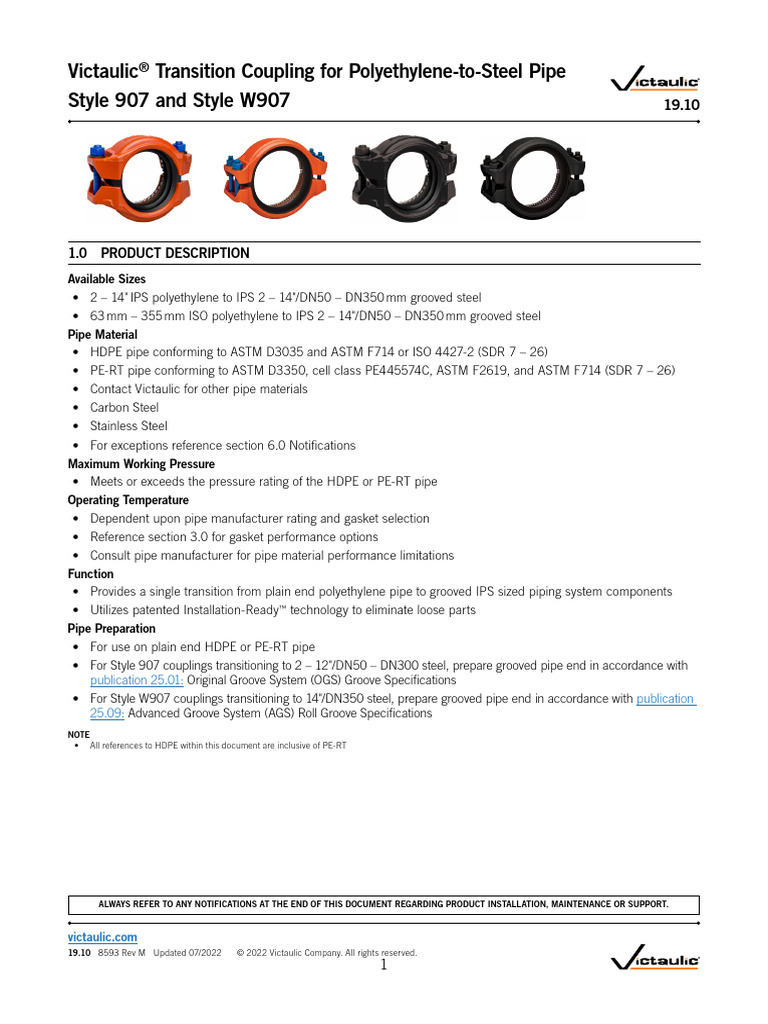 Victaulic Polyethylene-to-Steel Couplings | PDF | Pipe (Fluid ...