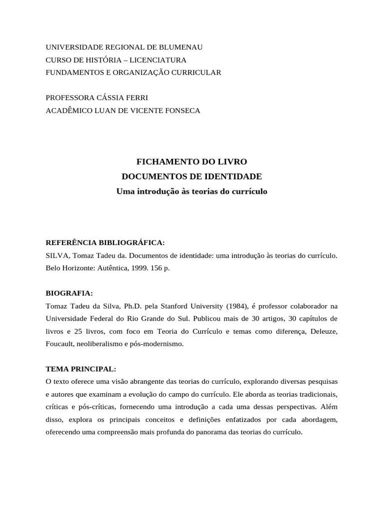 Fichamento Documentos de Identidade - Luan de Vicente Fonseca | PDF | Sociologia | Economia