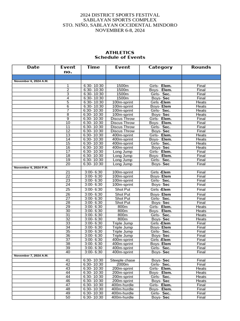 2024 Sched of Events Final | PDF | Sport Of Athletics | Sports