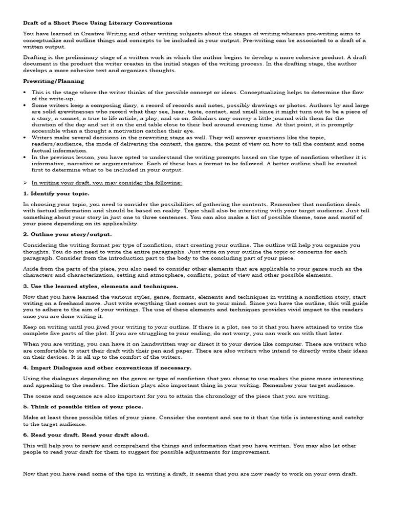 Draft of A Short Piece Using Literary Conventions | PDF | Human ...