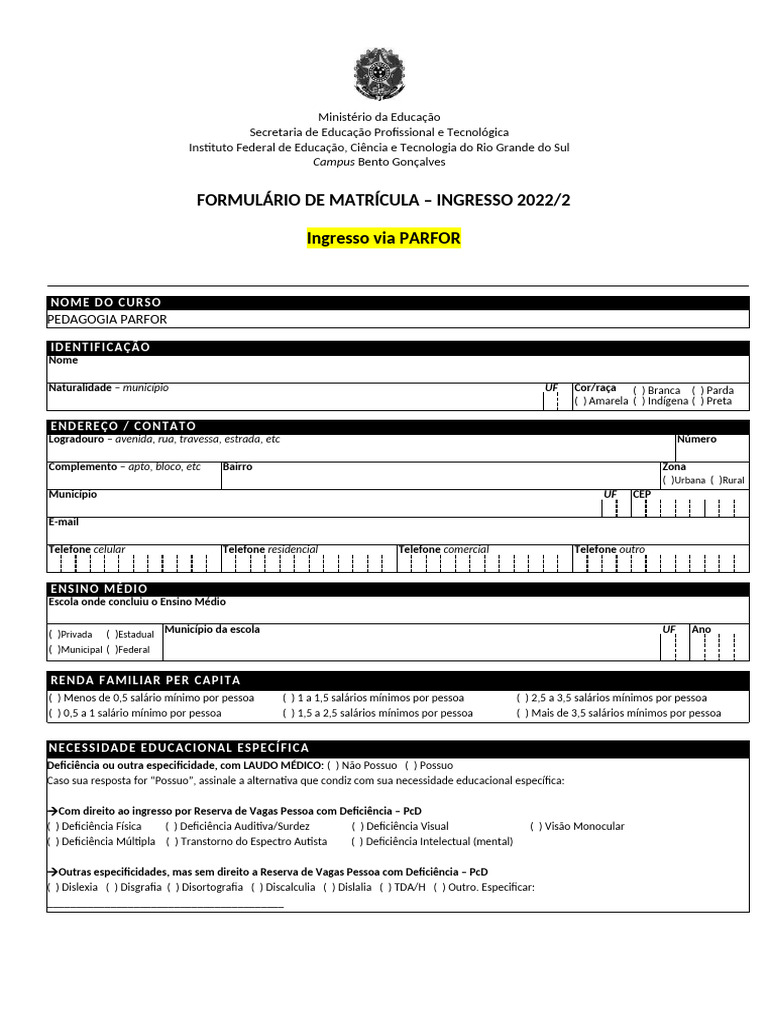 Formulário Matrícula - 2022 | PDF