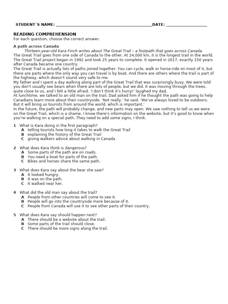 READING COMPREHENSION A Path Across Canada | PDF | Trail