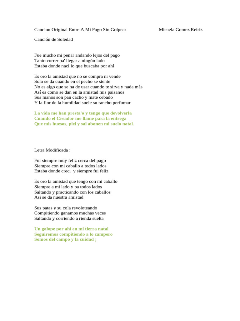 Cancion Original Entre A Mi Pago Sin Golpear | PDF