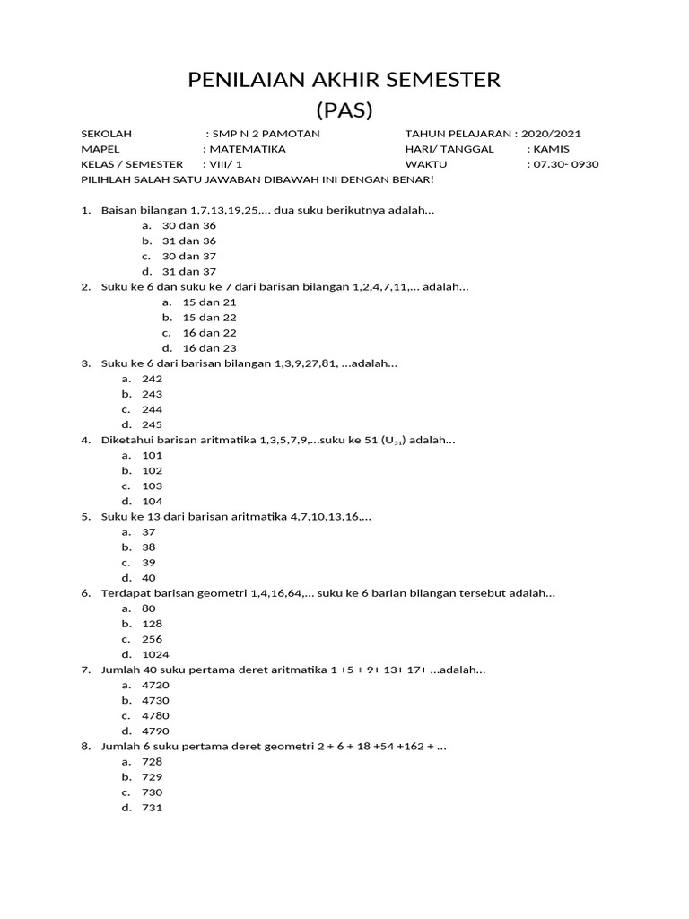 Soal PAS MTK Kls 8 | PDF