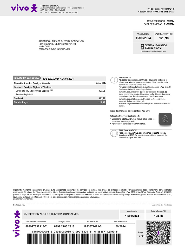Débito Automático Fatura Digital: Resumo Da Sua Conta | PDF ...