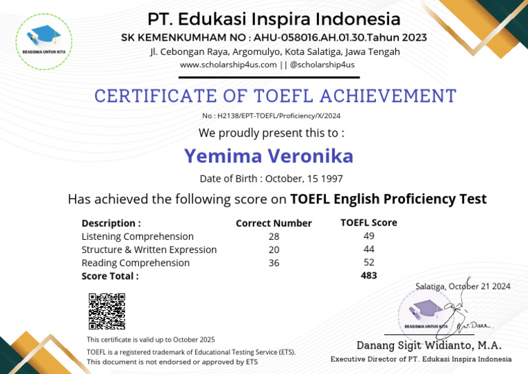 Valid E-Certificate TOEFL_Yemima Veronika | PDF