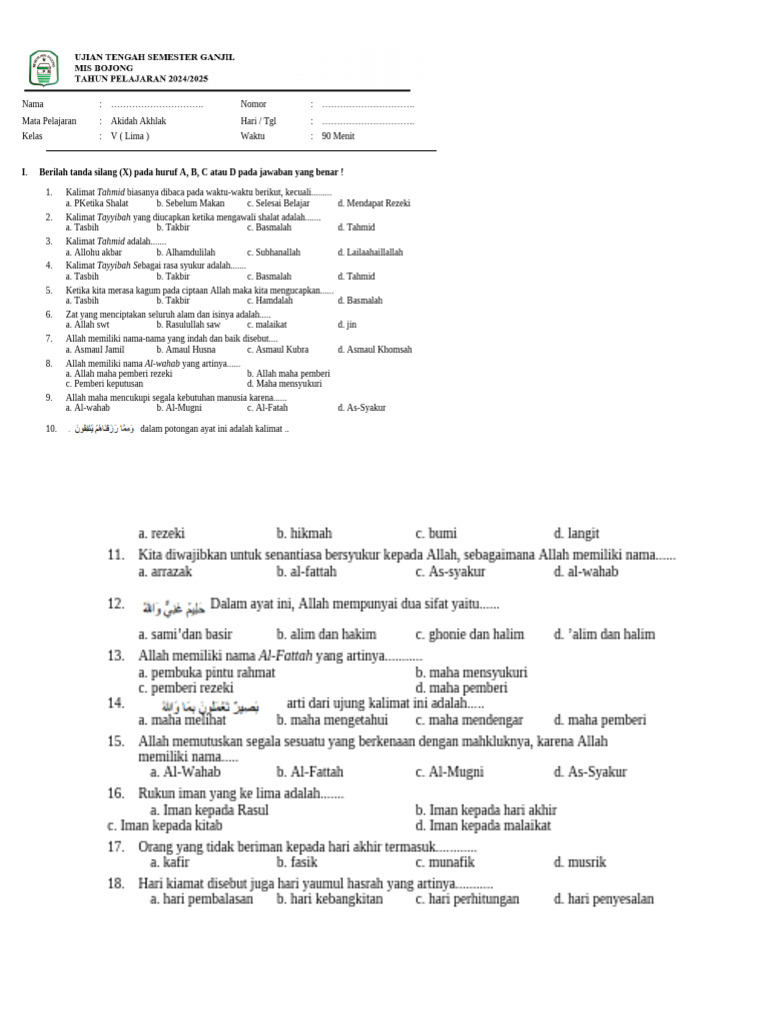 Soal PTS Akidah Akhlak Kelas V | PDF