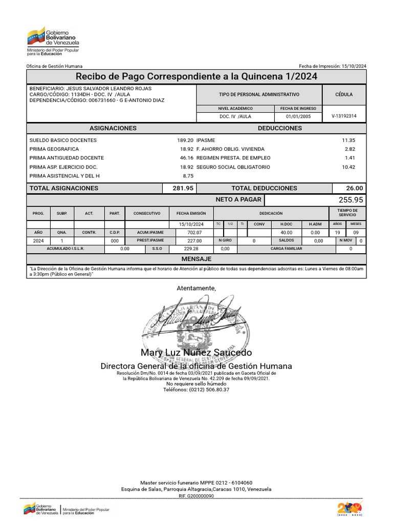 Recibo de Pago Correspondiente A La Quincena 1/2024: Mary Luz Nuñez ...