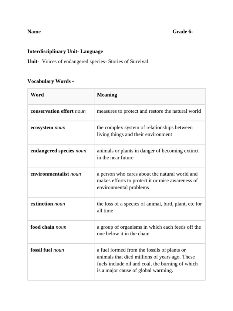 Interdisciplinary Unit - Worksheet Grade 6 | PDF | Endangered Species ...