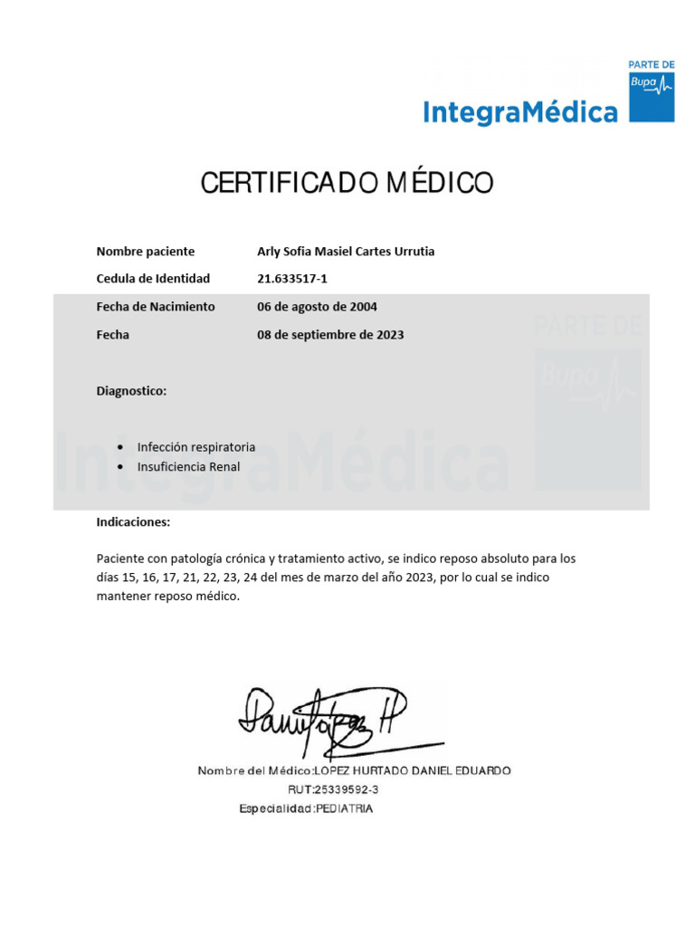 Certificado Medico Integramedica | PDF