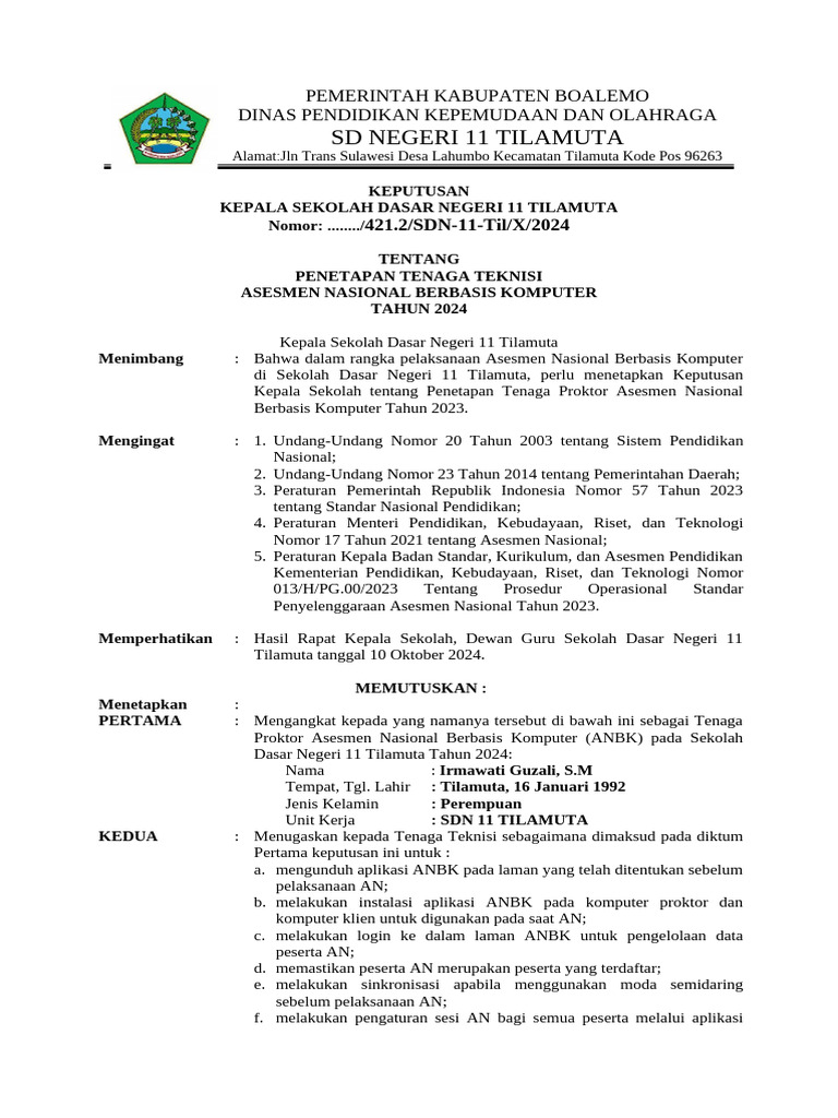 Contoh SK Proktor ANBK SD (Panduanmengajar - Com) | PDF