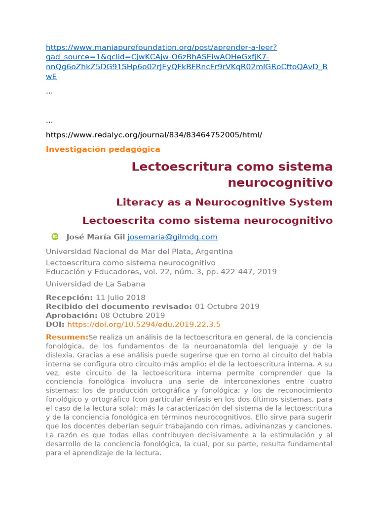 E-Aprendemoslectoescritura Como Sistema Neurocognitivo | PDF | Dislexia ...