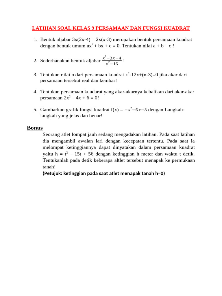 Latihan Soal Kelas 9 Persamaan Dan Fungsi Kuadrat | PDF | Sains ...