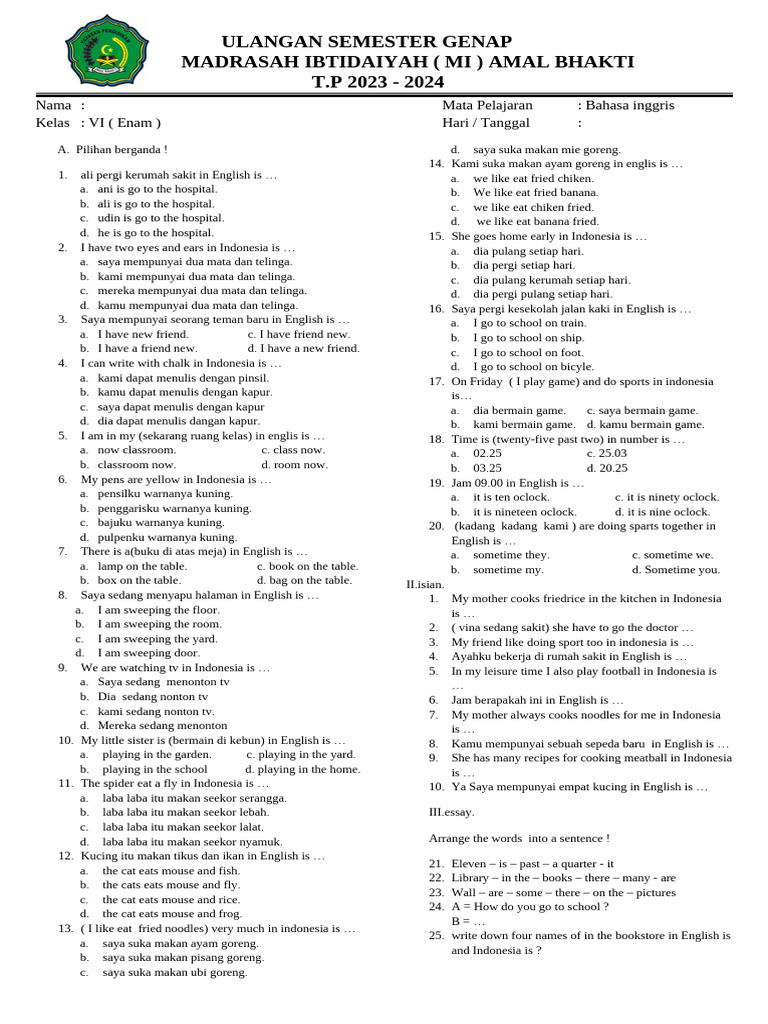 Soal Semester Genap Kelas Enam T.P 2023-2024 | PDF | Cuisine
