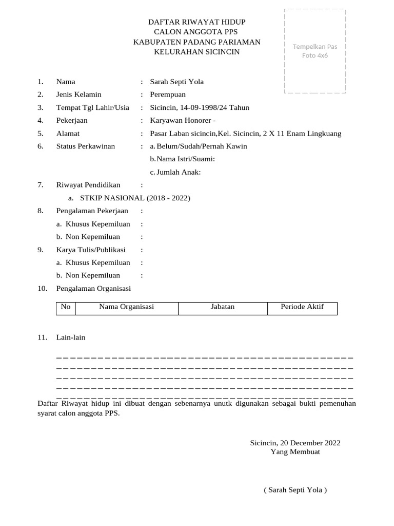 Surat Riwayat Hidup PPS | PDF