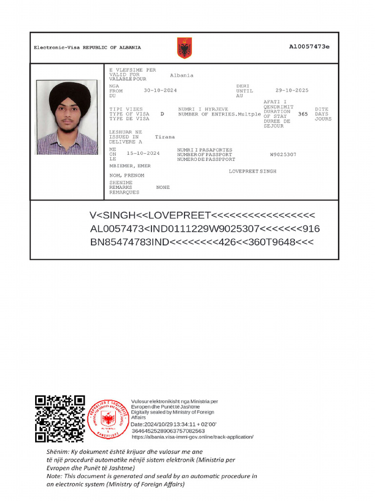 Lovepreet Singh Albania Evisa | PDF
