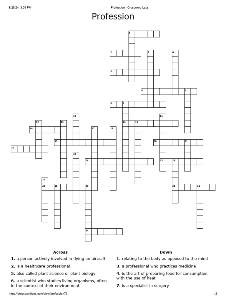 Profession Crossword Puzzle | PDF | Health Professional | Health Care