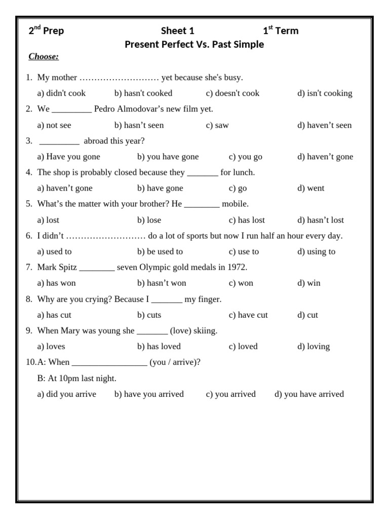 Present P. vs. Past S. Sheet 1 | PDF | Home & Garden
